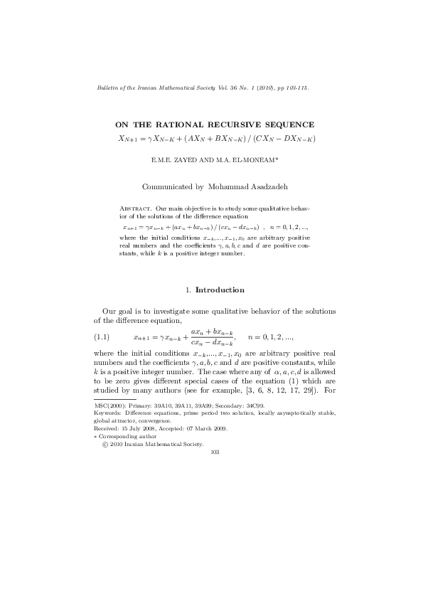 (PDF) On the rational recursive sequence X N+1 =γX N-K +(AX N +BX N-K )/(CX N -DX N-K )
