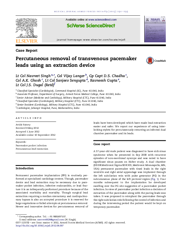 (PDF) Percutaneous removal of transvenous pacemaker leads using an ...