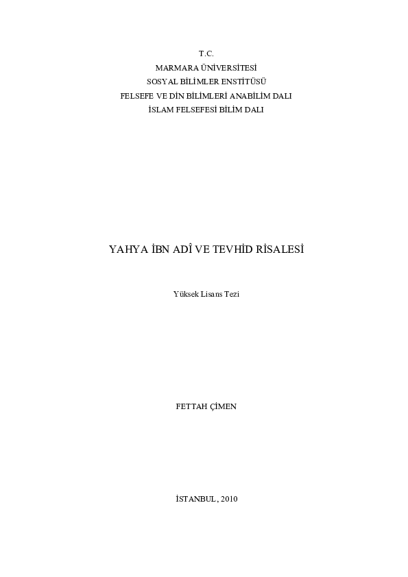 (PDF) Yahya İbn Adî ve Tevhid Risalesi