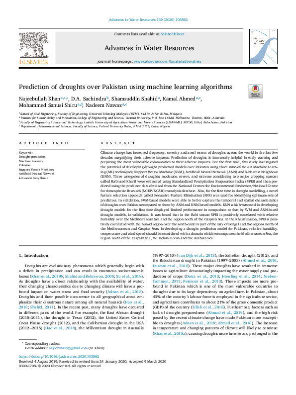 (PDF) Prediction of droughts over Pakistan using machine learning algorithms