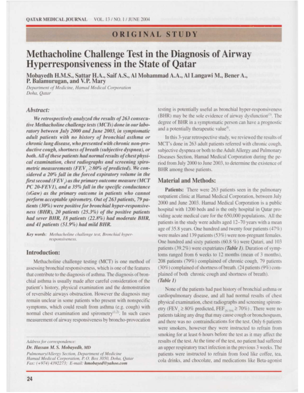 (PDF) Methacholine Challenge Test for Airway Hyperresponsiveness in Qatar
