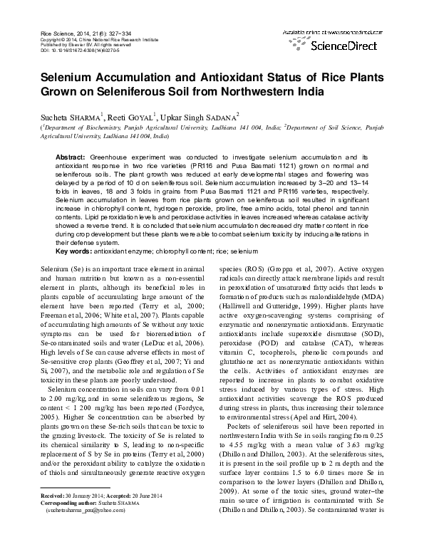 (PDF) Selenium Accumulation and Antioxidant Status of Rice Plants Grown ...