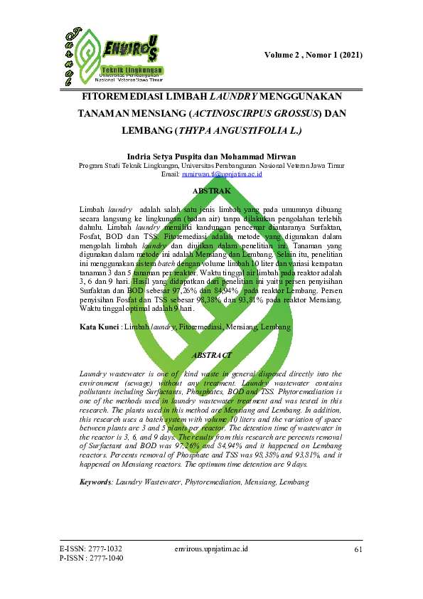 (PDF) FITOREMEDIASI LIMBAH LAUNDRY MENGGUNAKAN TANAMAN MENSIANG ...