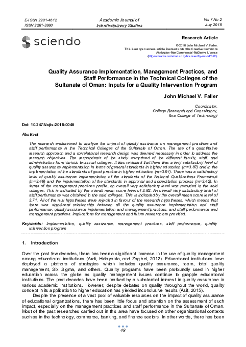 (PDF) Quality Assurance Implementation, Management Practices, and Staff Performance in the ...