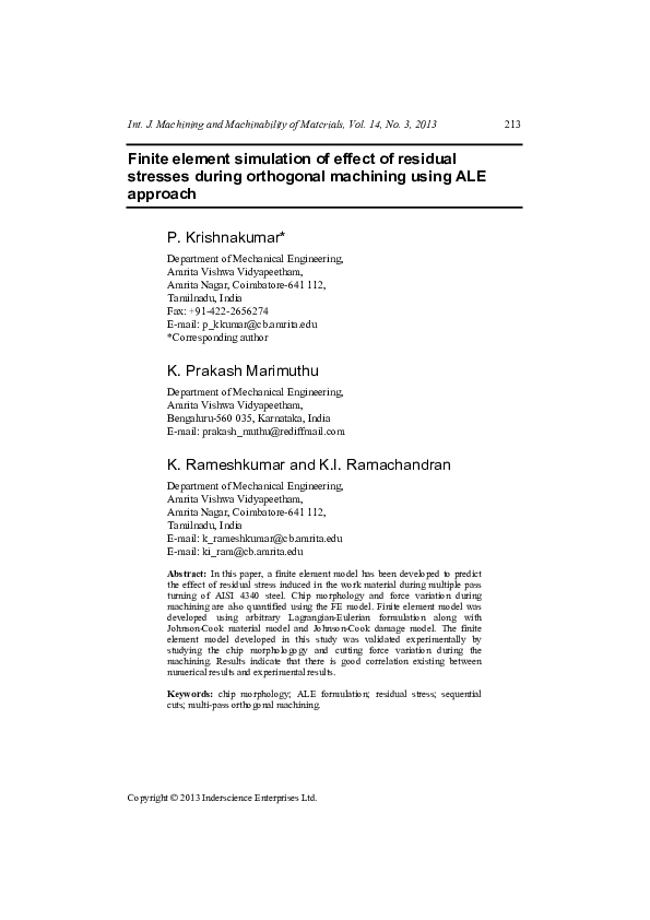 Pdf Finite Element Simulation Of Effect Of Residual Stresses During