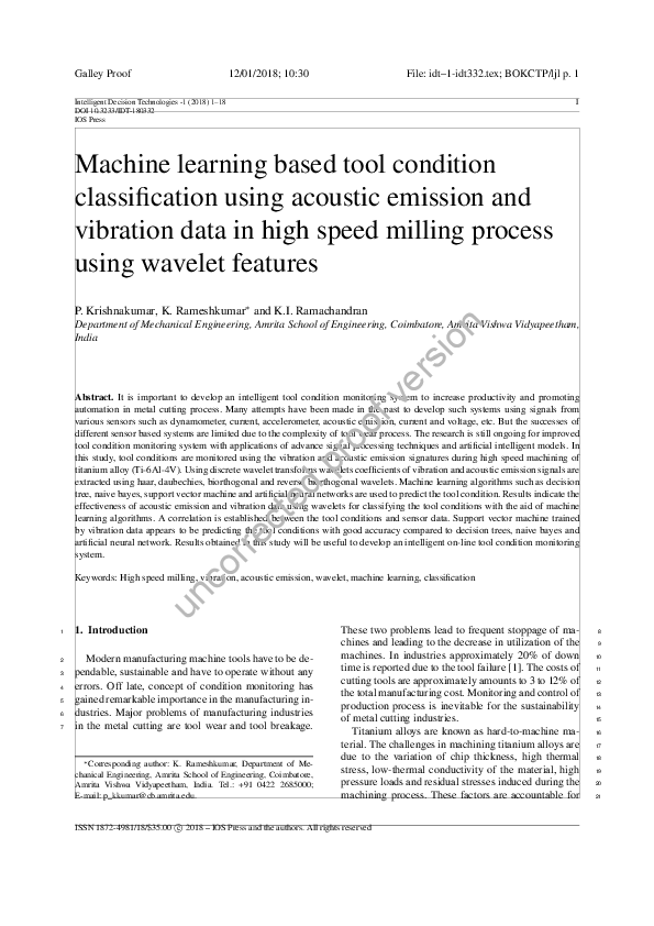 (PDF) Machine learning based tool condition classification using acoustic emission and vibration ...