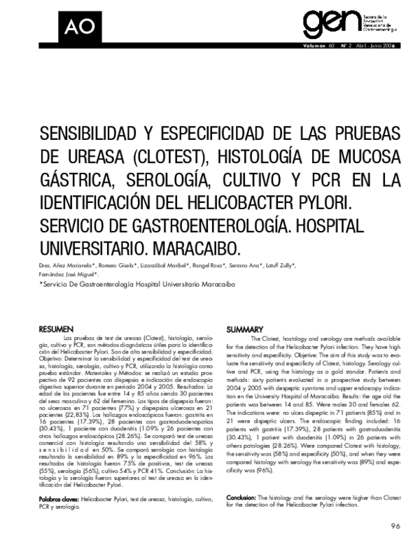 (PDF) Sensibilidad y especificidad de las pruebas de ureasa (clotest ...