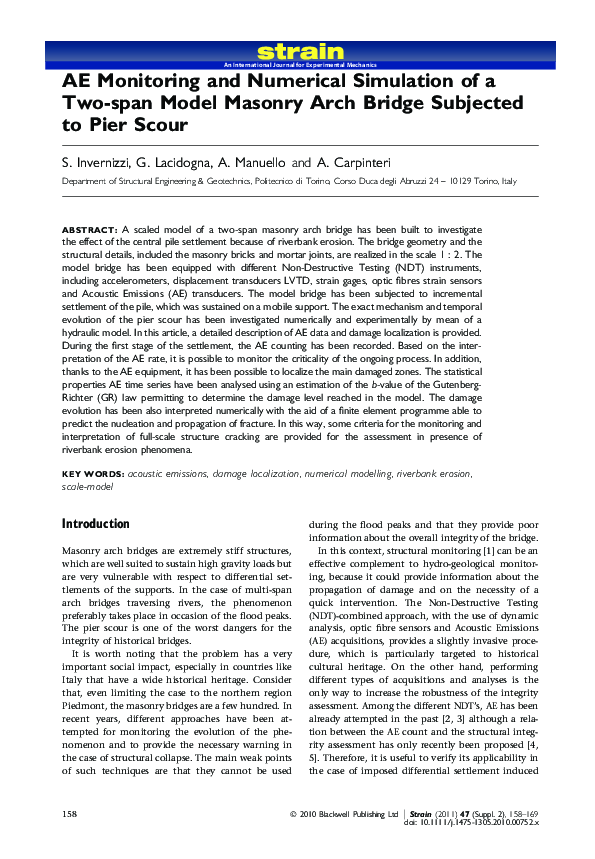 (PDF) AE Monitoring and Numerical Simulation of a Two-span Model Masonry Arch Bridge Subjected ...