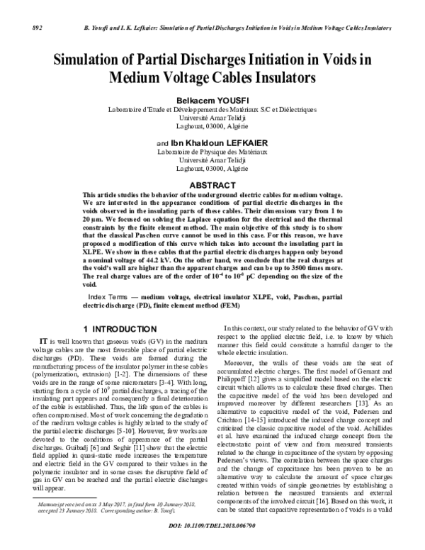 (PDF) Simulation of partial discharges initiation in voids in medium voltage cables insulators ...