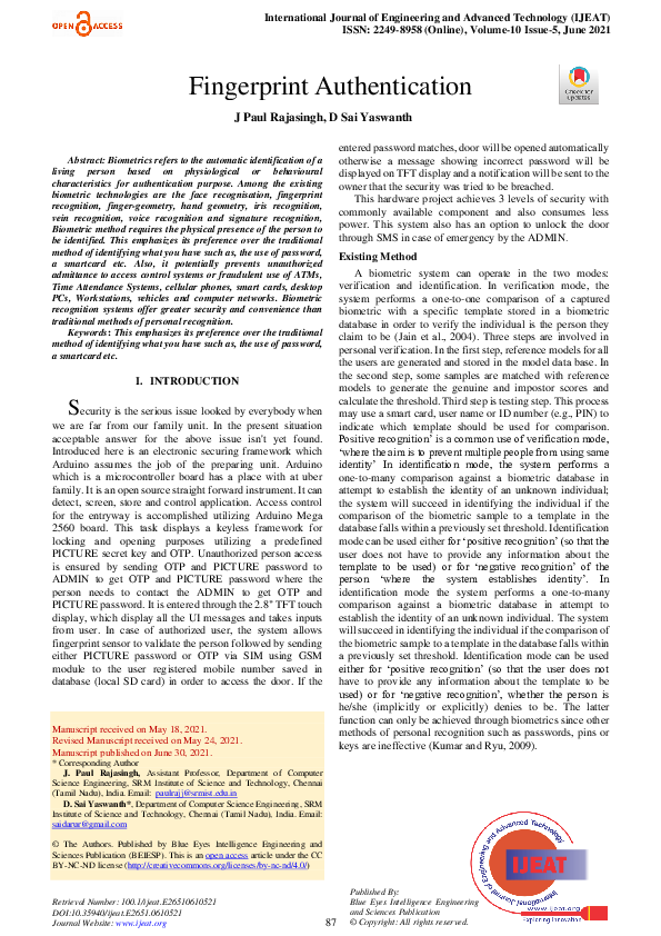 (PDF) Fingerprint Authentication