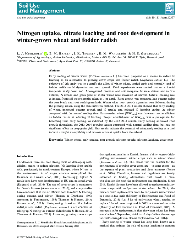 (PDF) Nitrogen uptake, nitrate leaching and root development in winter ...