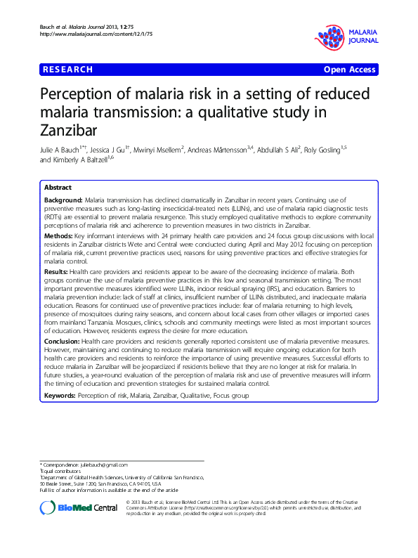 (PDF) Perception of malaria risk in a setting of reduced malaria ...