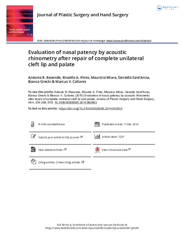 (PDF) Evaluation of nasal patency by acoustic rhinometry after repair ...