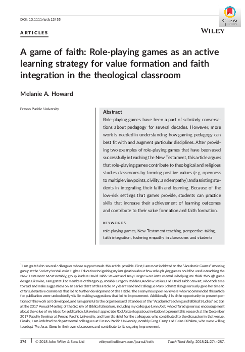 (PDF) A game of faith: Role-playing games as an active learning ...