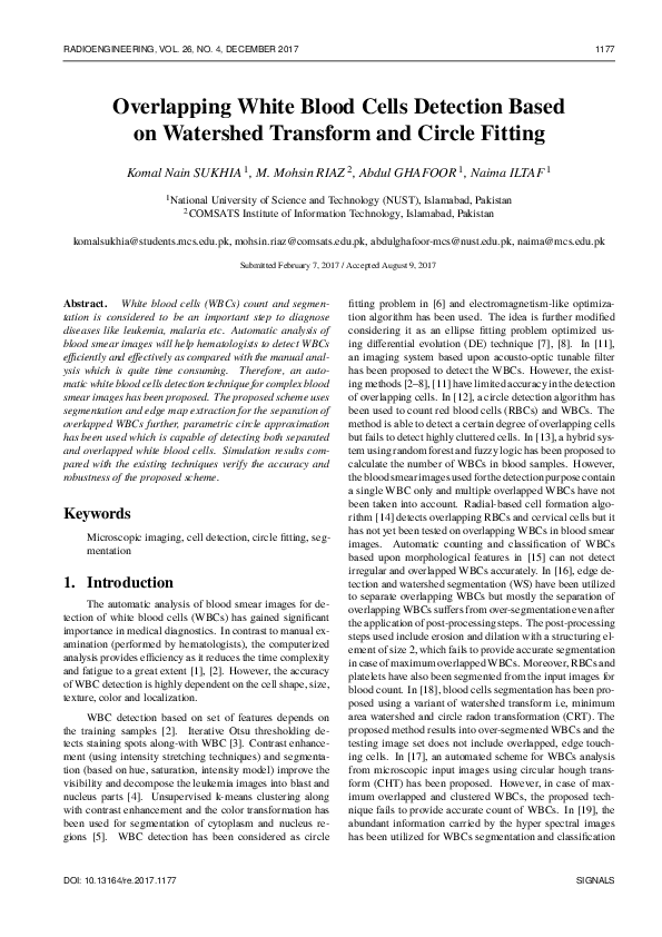 (PDF) Overlapping White Blood Cells Detection Based on Watershed Transform and Circle Fitting