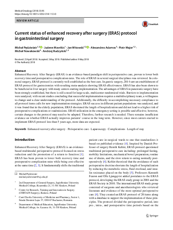 (PDF) Current status of enhanced recovery after surgery (ERAS) protocol ...