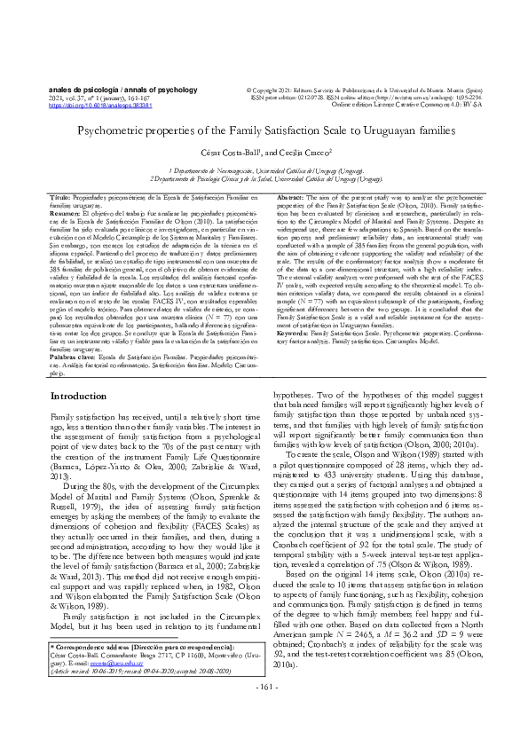 (PDF) Psychometric properties of the Family Satisfaction Scale to ...