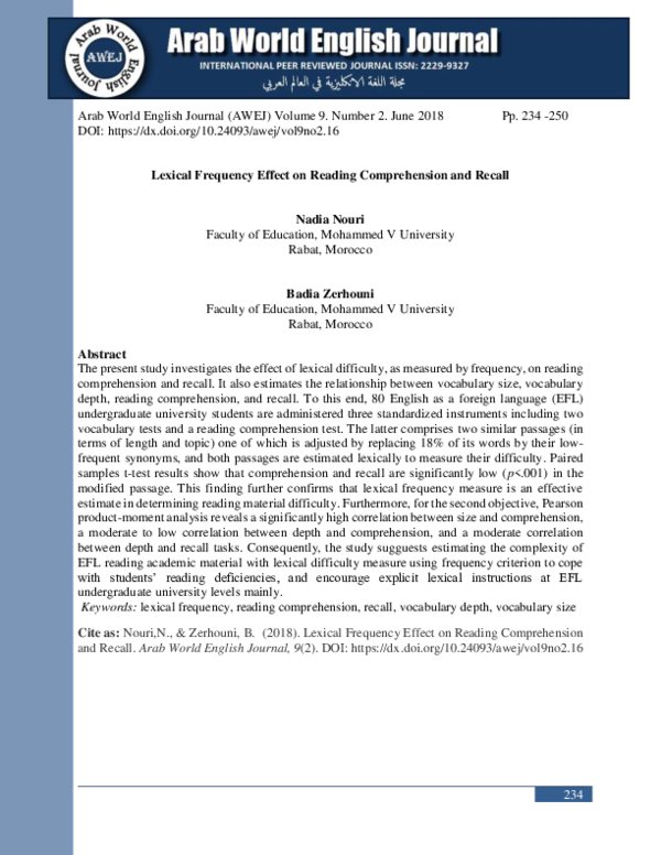 (PDF) Lexical Frequency Effect on Reading Comprehension and Recall