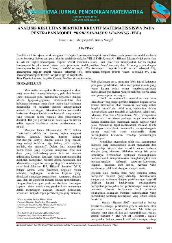 (PDF) Analisis Kesulitan Berpikir Kreatif Matematis Siswa pada Penerapan Model Problem-based ...