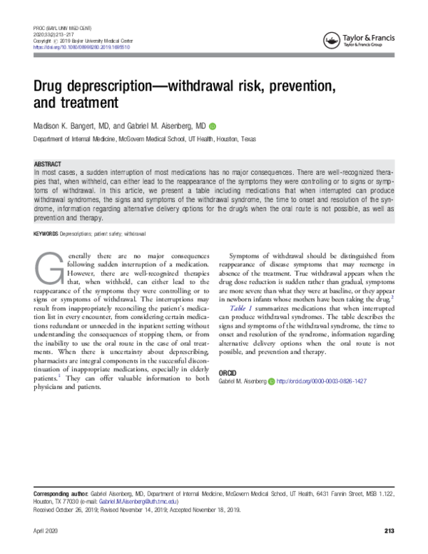 (PDF) Drug deprescription—withdrawal risk, prevention, and treatment