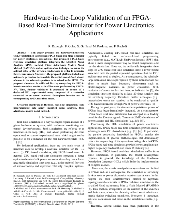 Pdf Hardware Inthe Loop Validation Of An Fpga Based Real Time Simulator For Power Electronics