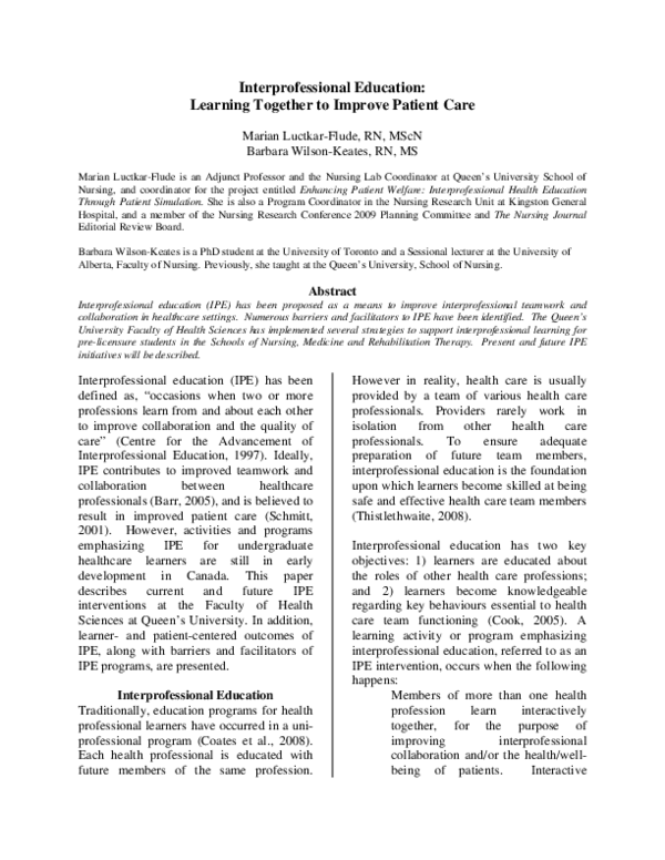 (PDF) Interprofessional Education: Learning Together to Improve Patient ...