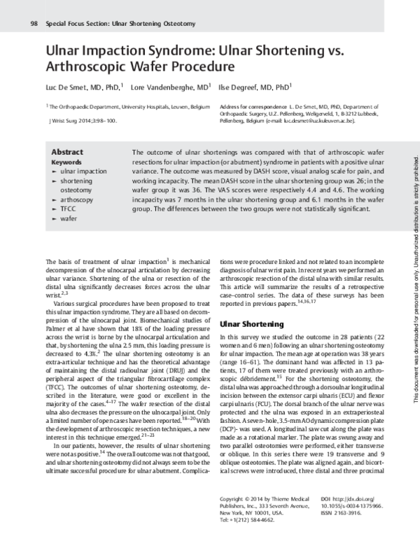 (PDF) Ulnar Impaction Syndrome: Ulnar Shortening vs. Arthroscopic Wafer ...