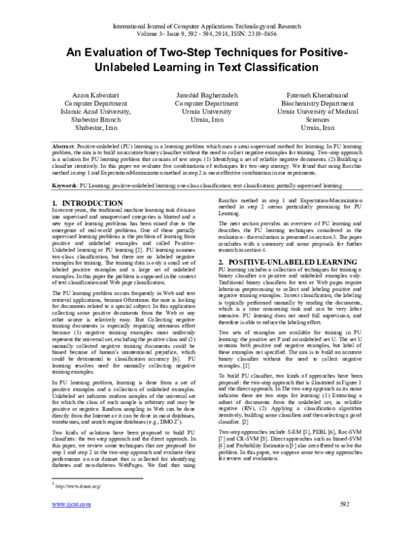 Pdf An Evaluation Of Two Step Techniques For Positive Unlabeled Learning In Text Classification