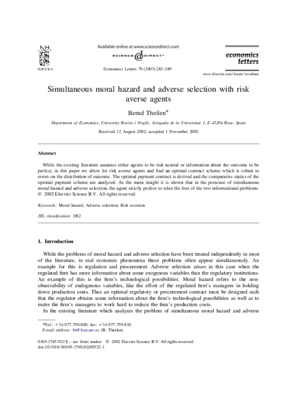 (PDF) Simultaneous moral hazard and adverse selection with risk averse ...