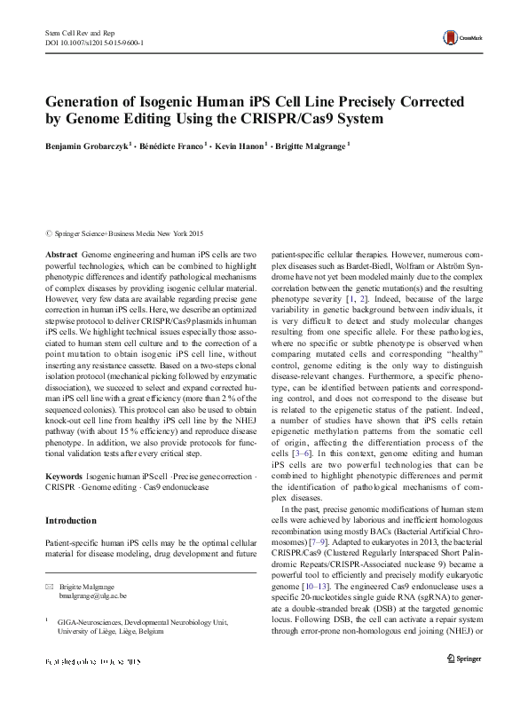 (PDF) Generation of Isogenic Human iPS Cell Line Precisely Corrected by ...