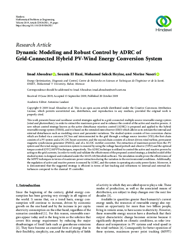 (PDF) Dynamic Modeling and Robust Control by ADRC of Grid-Connected Hybrid PV-Wind Energy ...