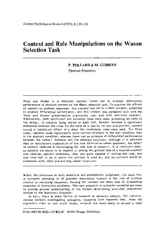 (PDF) Context and rule manipulations on the Wason selection task