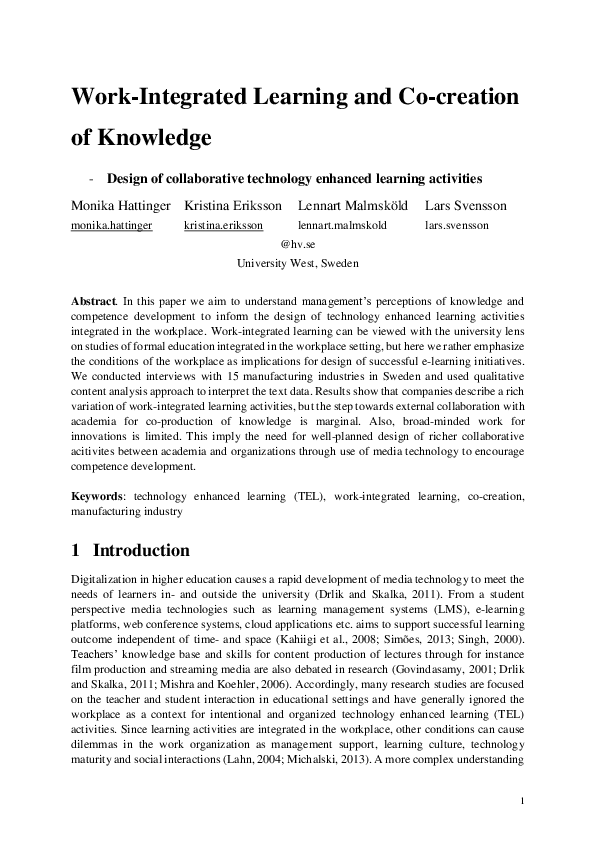 (PDF) Work-Integrated Learning and Co-creation of Knowledge: Design of collaborative technology ...