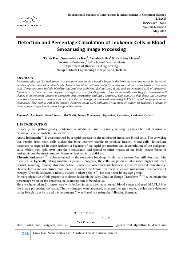 (PDF) Detection and Percentage Calculation of Leukemic Cells in Blood Smear using Image Processing