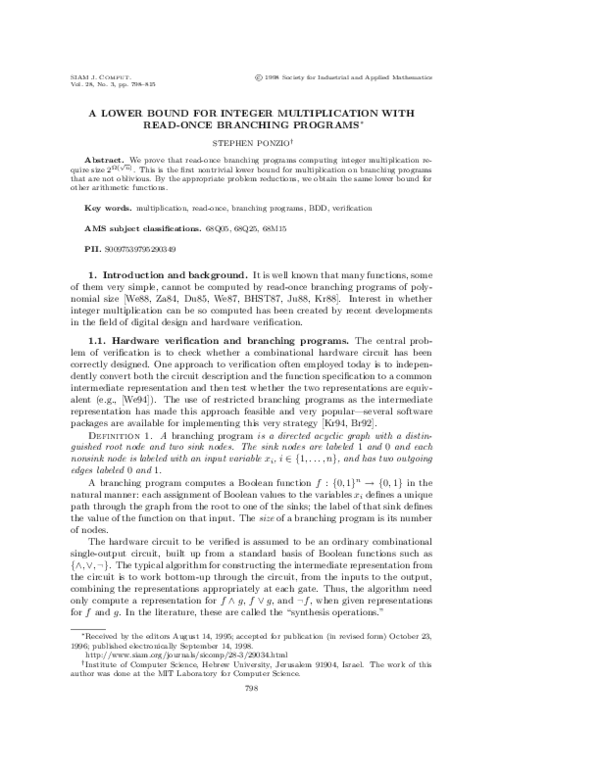 (PDF) A Lower Bound for Integer Multiplication with Read-Once Branching ...