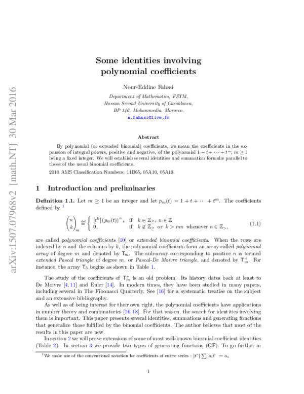 (PDF) Some identities involving polynomial coefficients