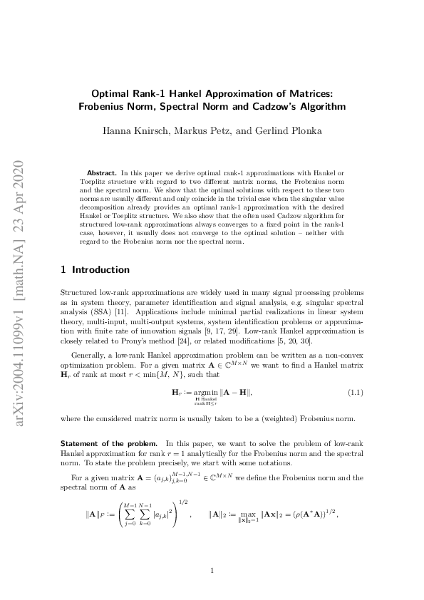 (PDF) Optimal rank-1 Hankel approximation of matrices: Frobenius norm and spectral norm and ...