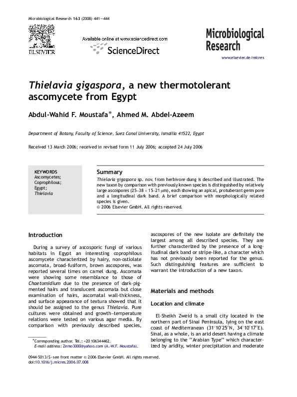 (PDF) Thielavia gigaspora, a new thermotolerant ascomycete from Egypt