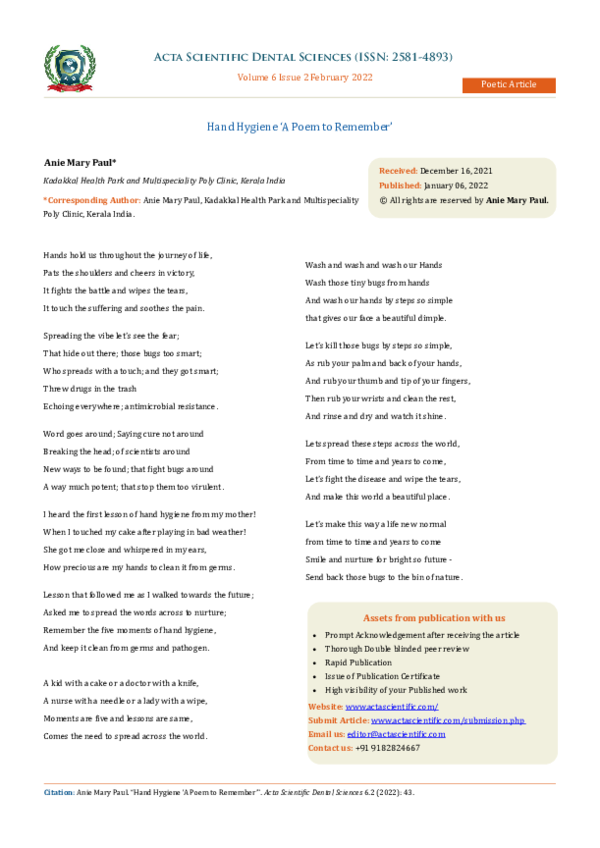 (PDF) Hand Hygiene ‘A Poem to Remember’