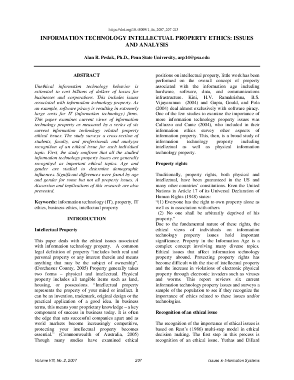 (PDF) Information Technology Intellectual Property Ethics: Issues and Analysis
