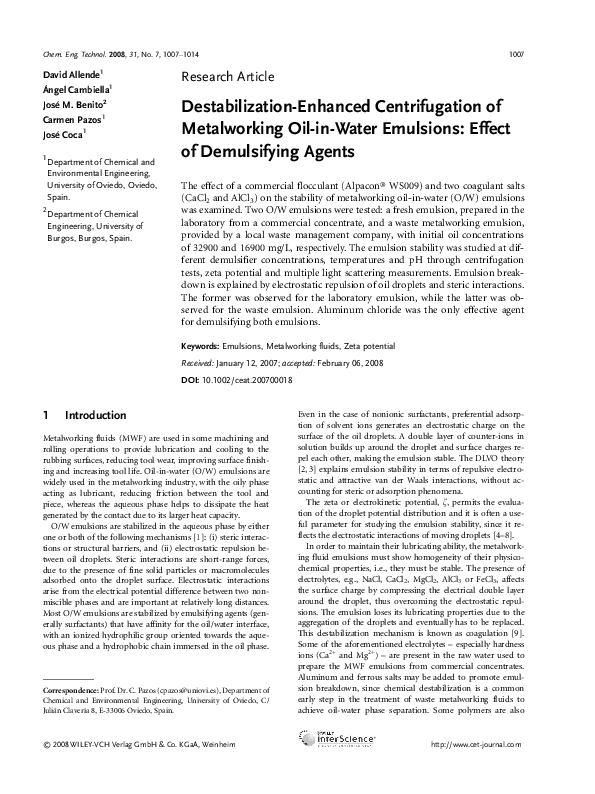 (PDF) Destabilization‐Enhanced Centrifugation of Metalworking Oil‐in ...