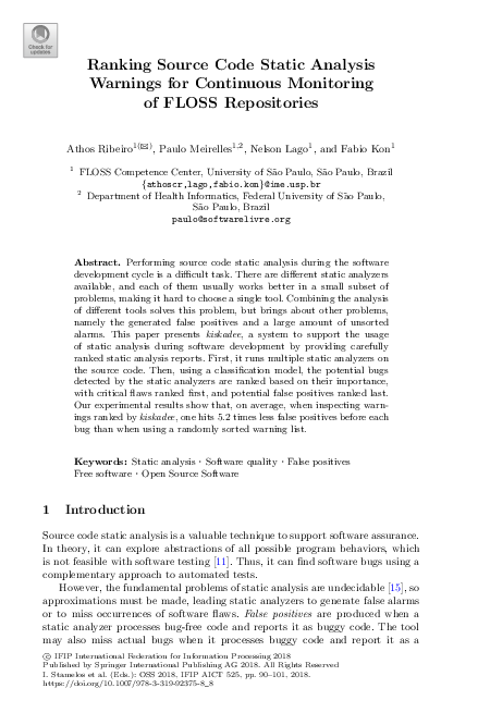 Pdf Ranking Source Code Static Analysis Warnings For Continuous Monitoring Of Floss 