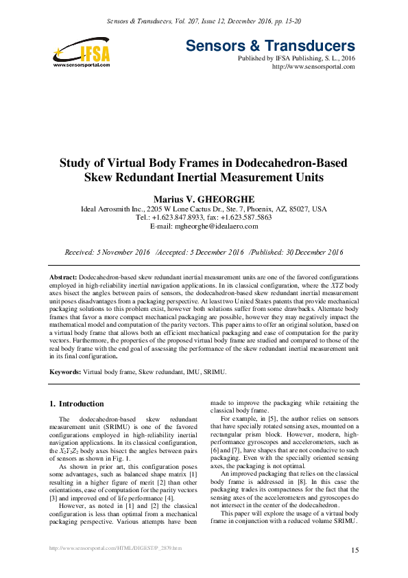 (PDF) Study of Virtual Body Frames in Dodecahedron-Based Skew Redundant Inertial Measurement Units