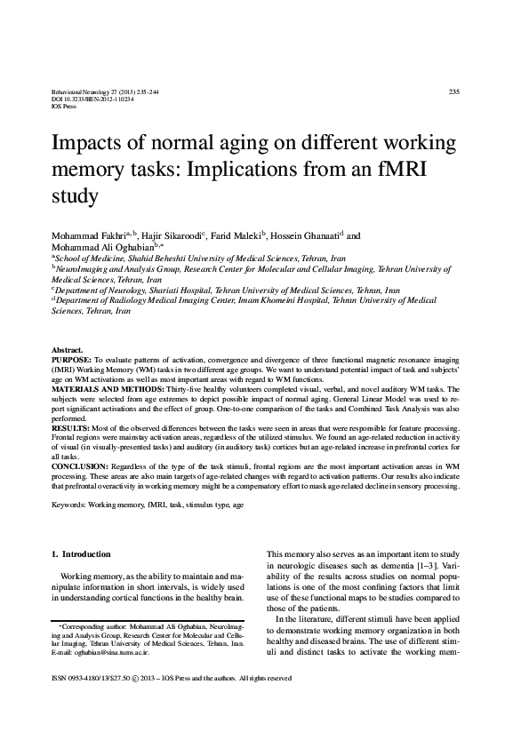 (PDF) Impacts of Normal Aging on Different Working Memory Tasks: Implications from an fMRI Study