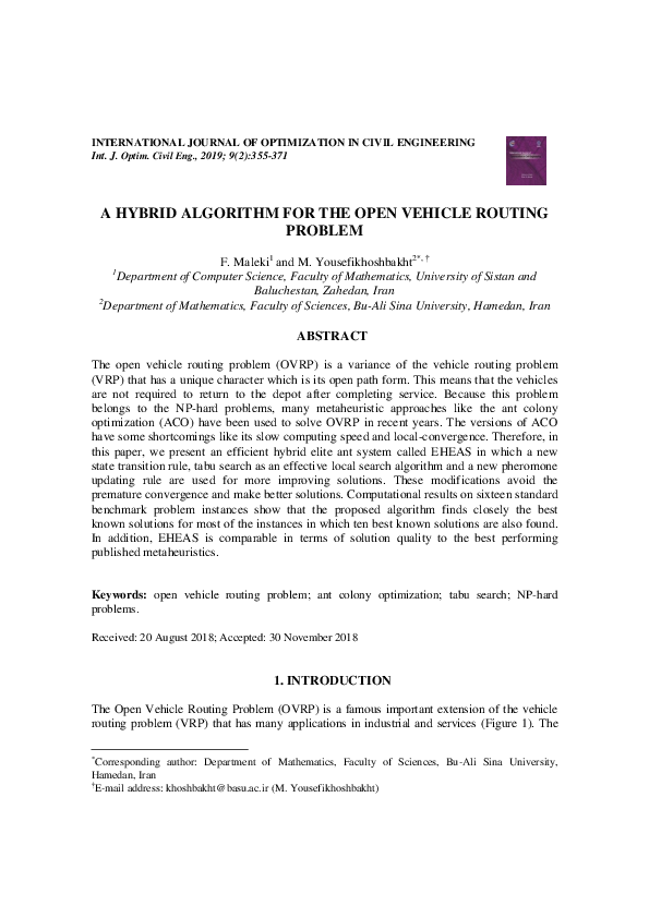 (PDF) A Hybrid Algorithm for the Open Vehicle Routing Problem