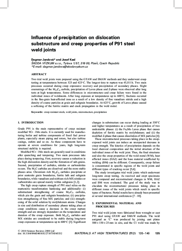 (PDF) Influence of precipitation on dislocation substructure and creep properties of P91 steel ...