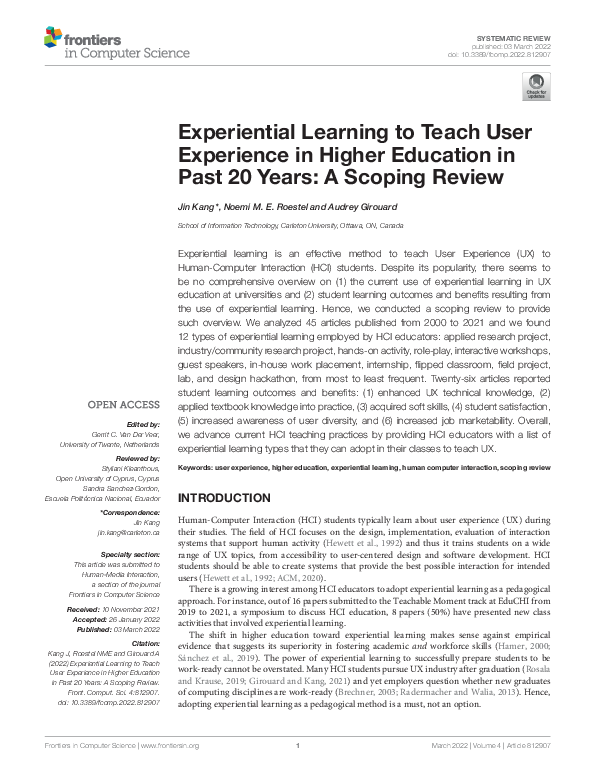 (PDF) Experiential Learning to Teach User Experience in Higher Education in Past 20 Years: A ...