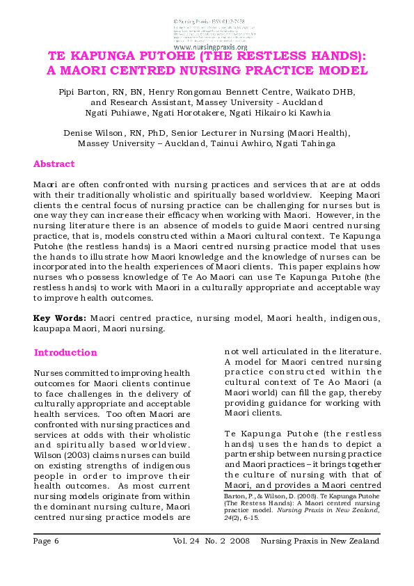 (PDF) Te Kapunga Putohe (the restless hands): a Maori centred nursing ...