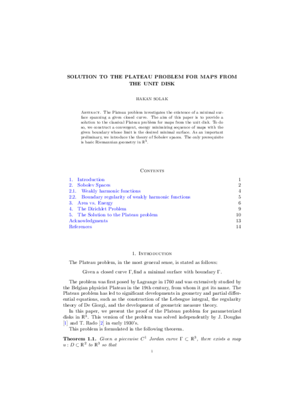 (PDF) Solution to the Plateau Problem for Maps from the Unit Disk ...