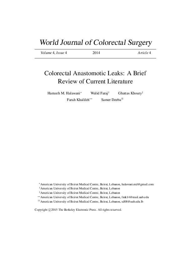 Pdf Colorectal Anastomotic Leaks A Brief Review Of Current Literature